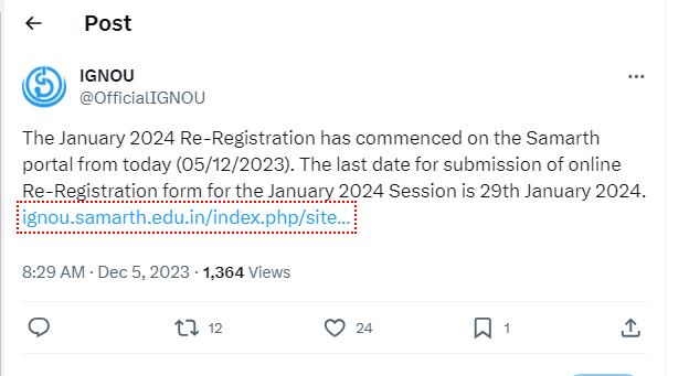IGNOU Re-Registration 2024: (Open) Status, Fee & Last Date